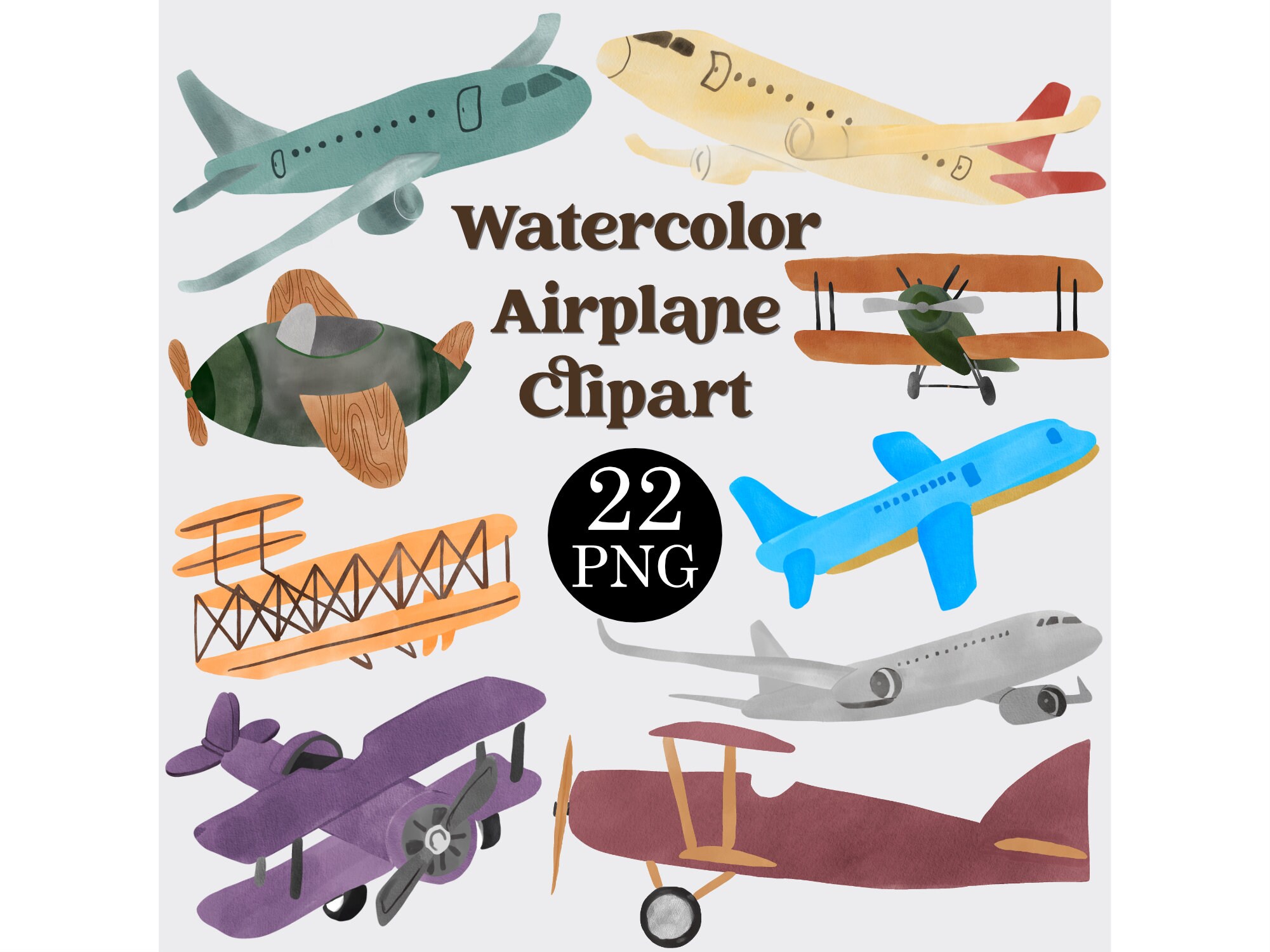 Watercolor Airplane Clipart Set of 22 PNG Files, Travel Clipart ...