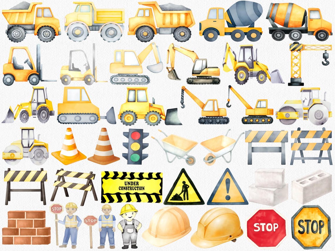 Watercolor Construction Clipart Set: Trucks, Numbers (PNG Digital ...