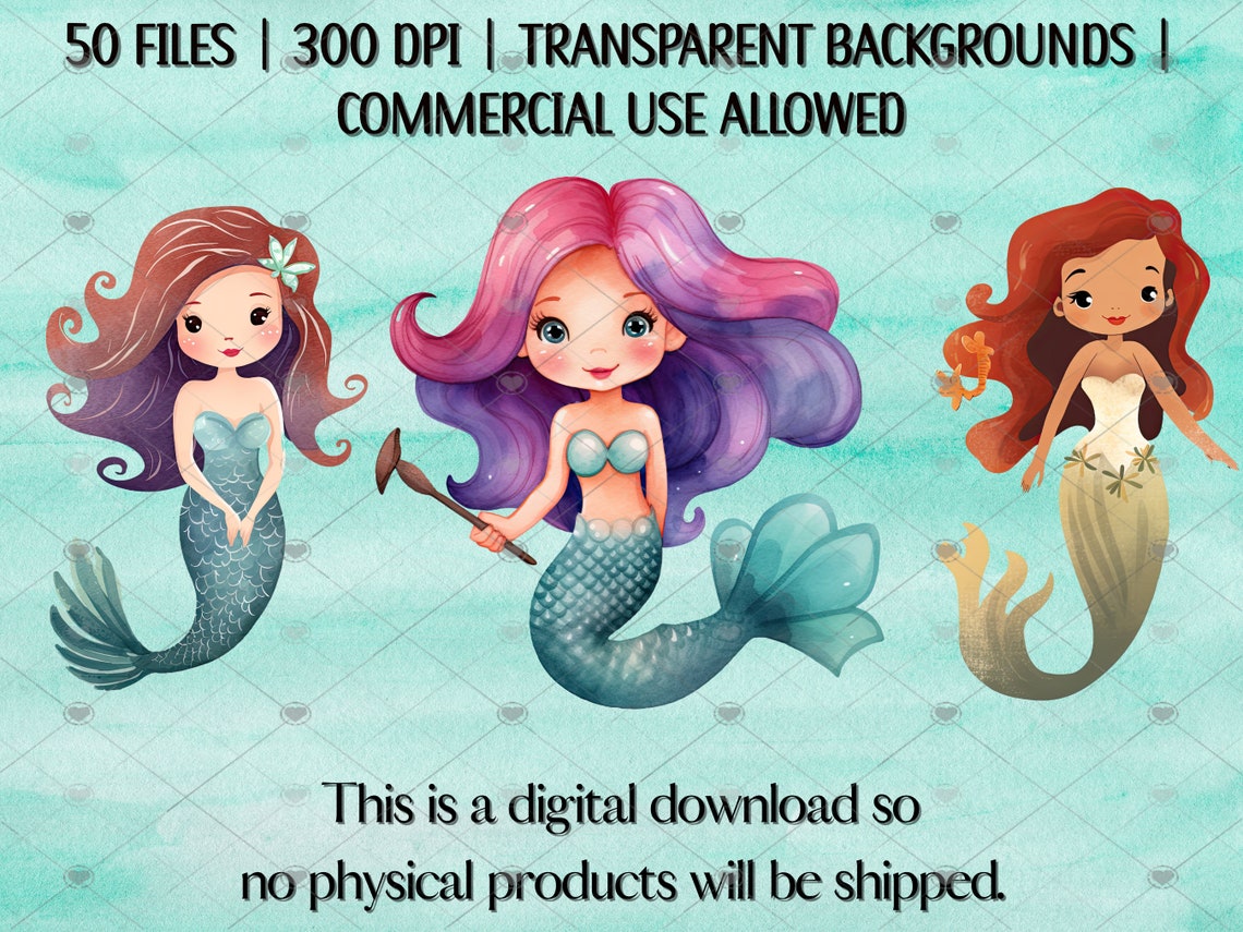 Watercolor Mermaid Clipart Set of 50 PNG Files, Little Mermaid Clipart ...