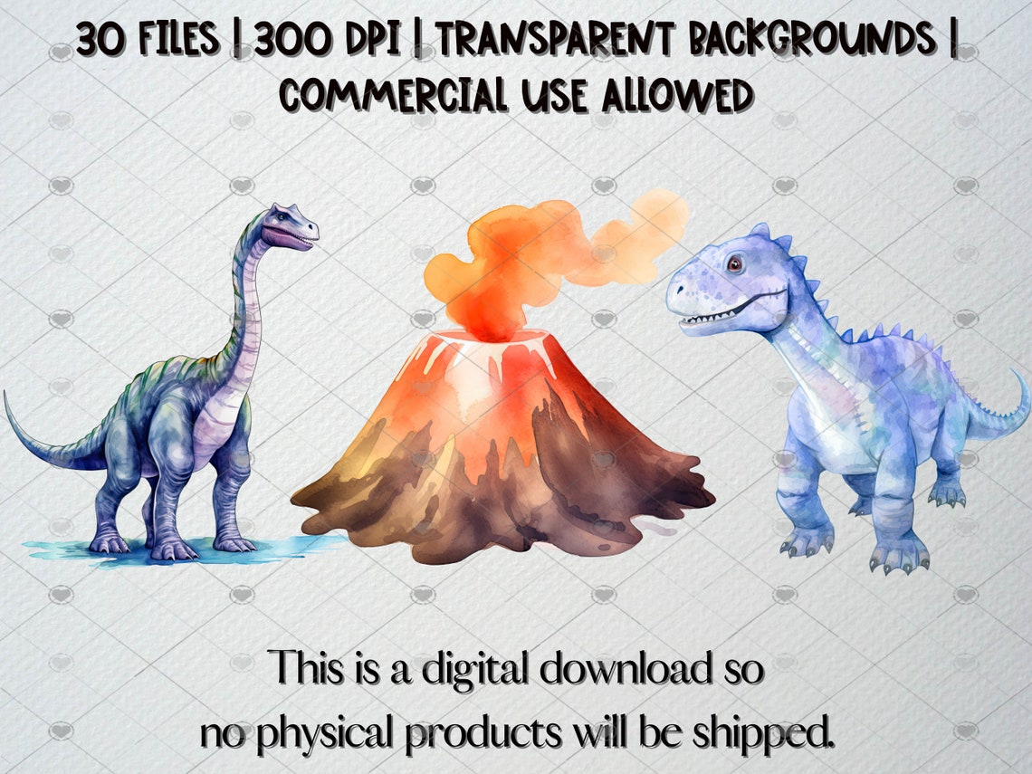 Watercolor Dinosaur Clipart Set of 30 PNG Files, Dino Clipart, Cute ...