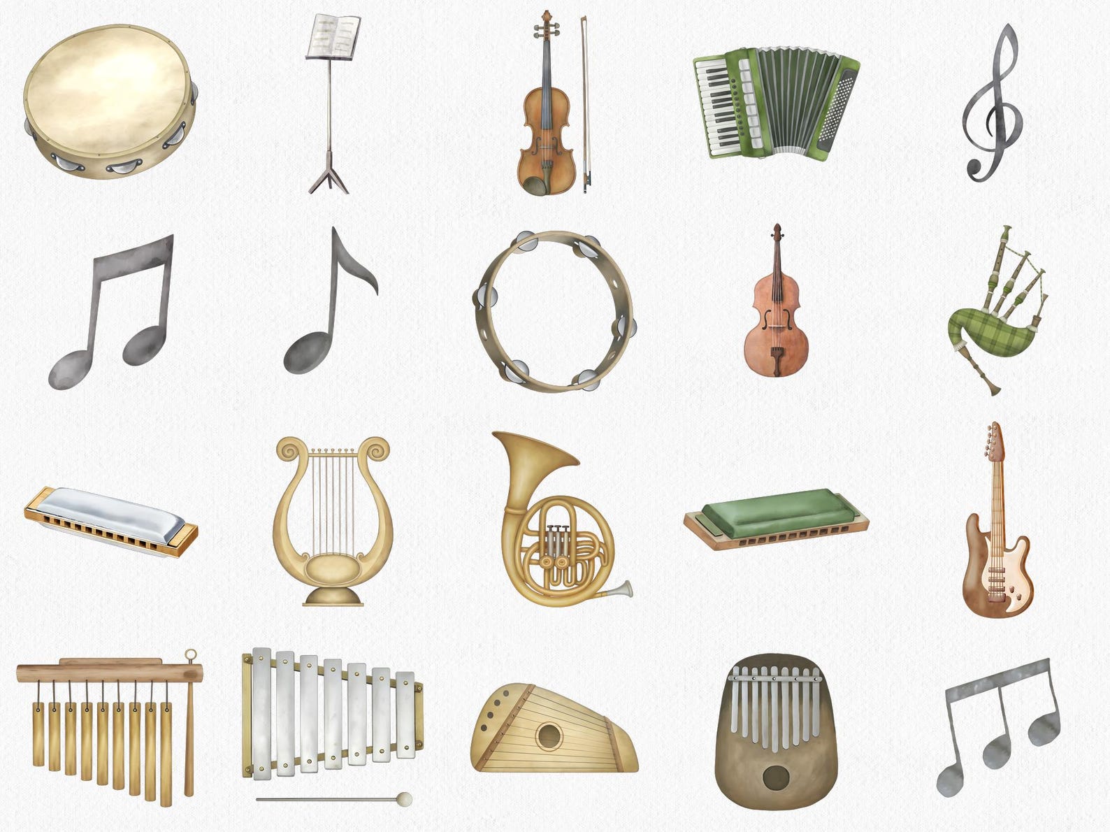 Watercolor Musical Instrument Clipart Set – 44 PNG, Music Clipart ...
