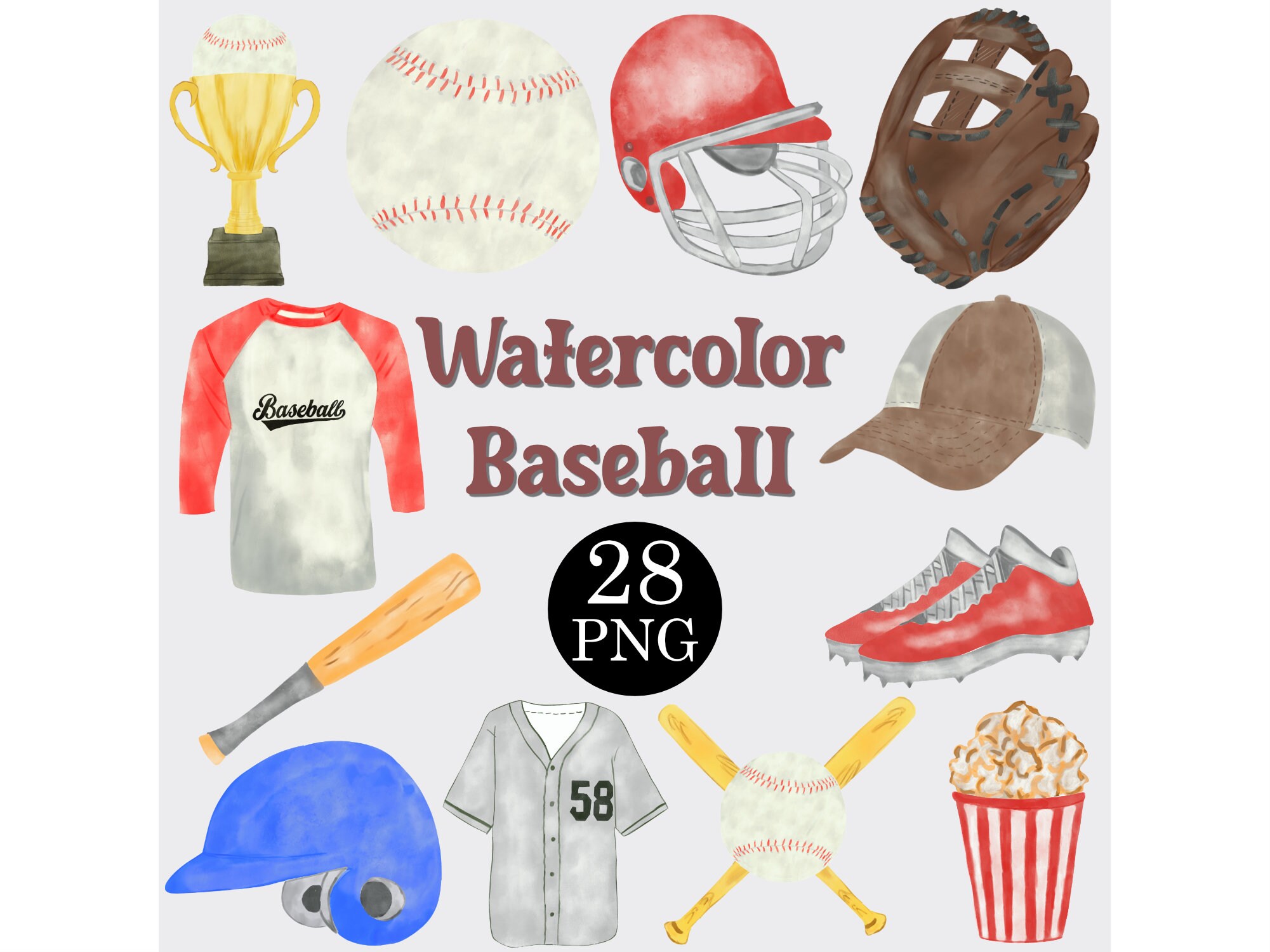 Watercolor Baseball Clipart Set of 28 PNG Files, Sports Clipart ...