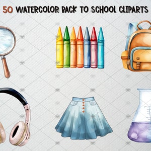 Watercolor Back to School Clipart Set of 50 PNG Files, Student Clipart ...