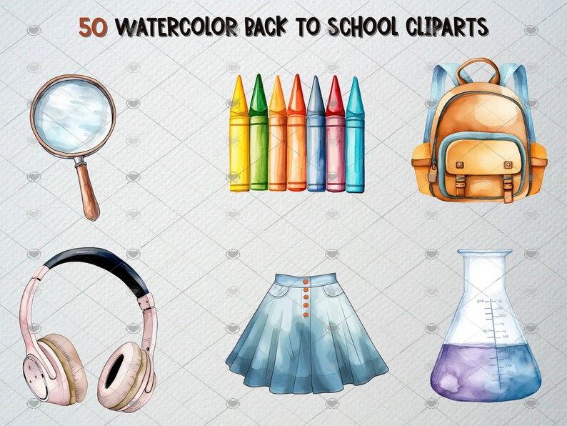 Watercolor Back to School Clipart Set of 50 PNG Files, Student Clipart ...