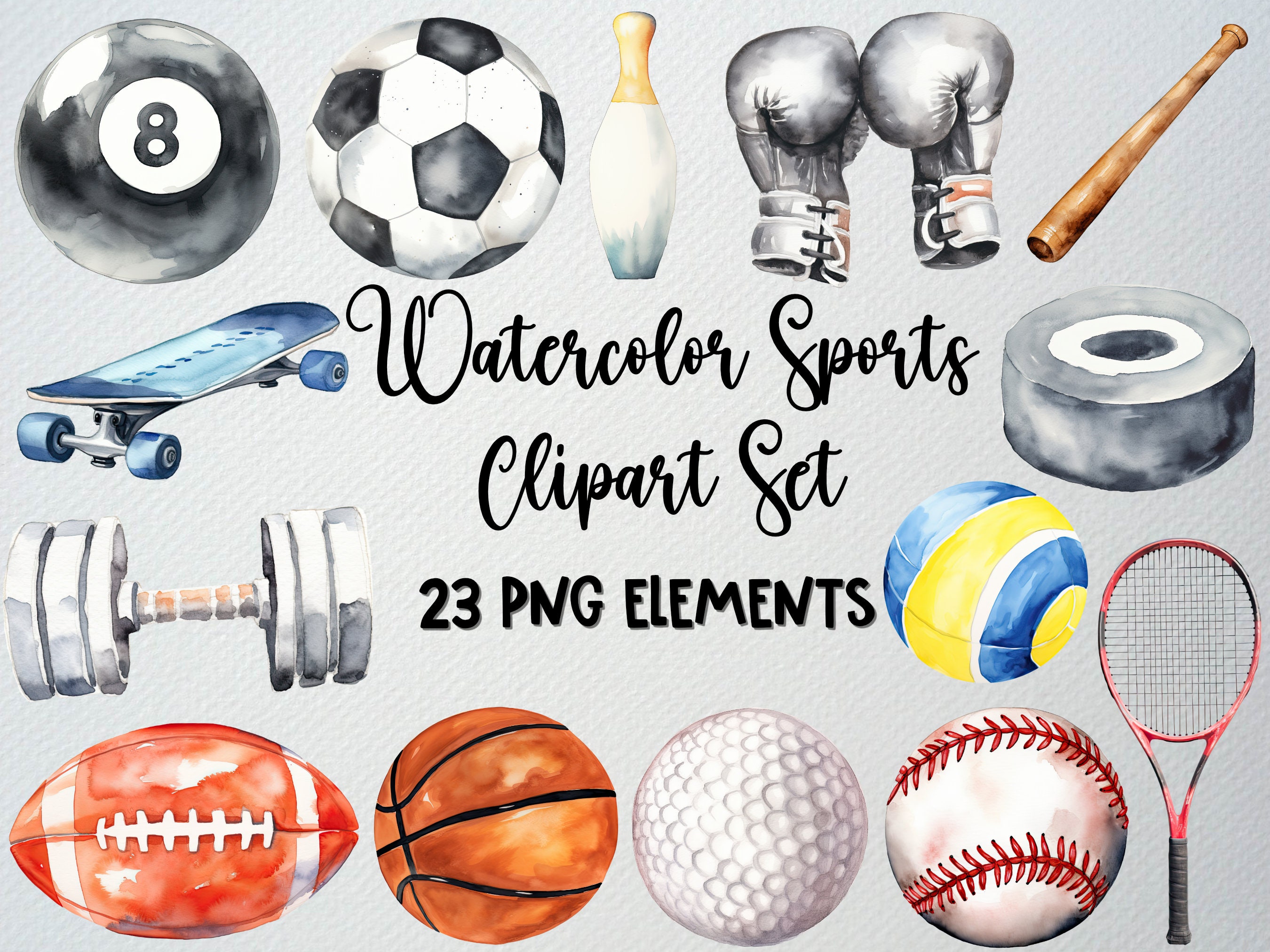 Watercolor Sports Clipart Set of 23 PNG Files, Sports Illustration ...