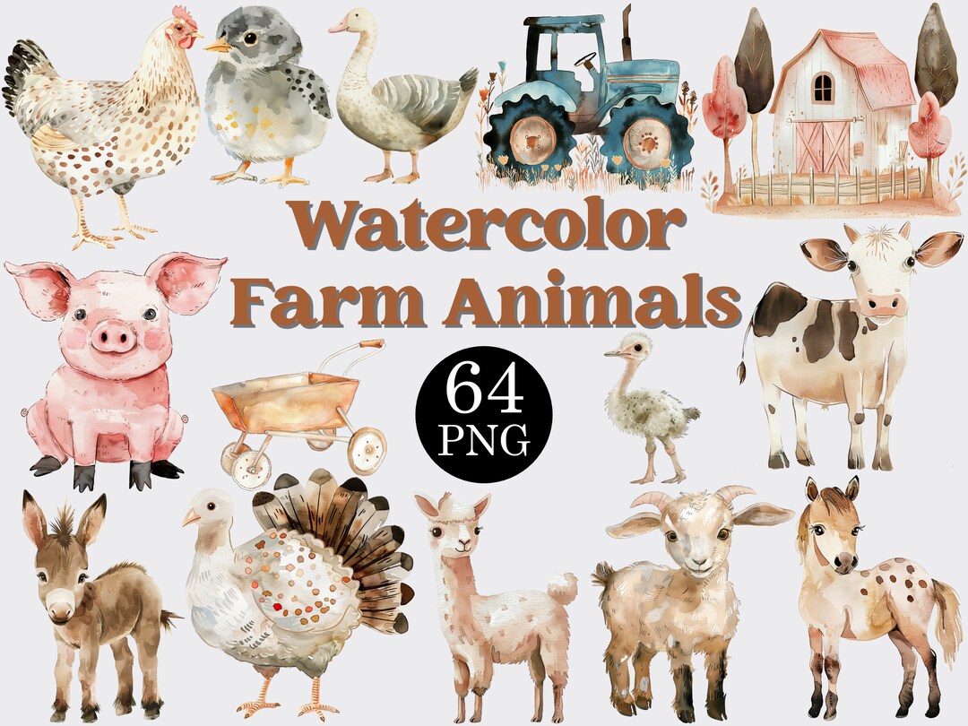 Watercolor Farm Animals Clipart Set of 64 PNG Files, Farm Clipart, Cute ...