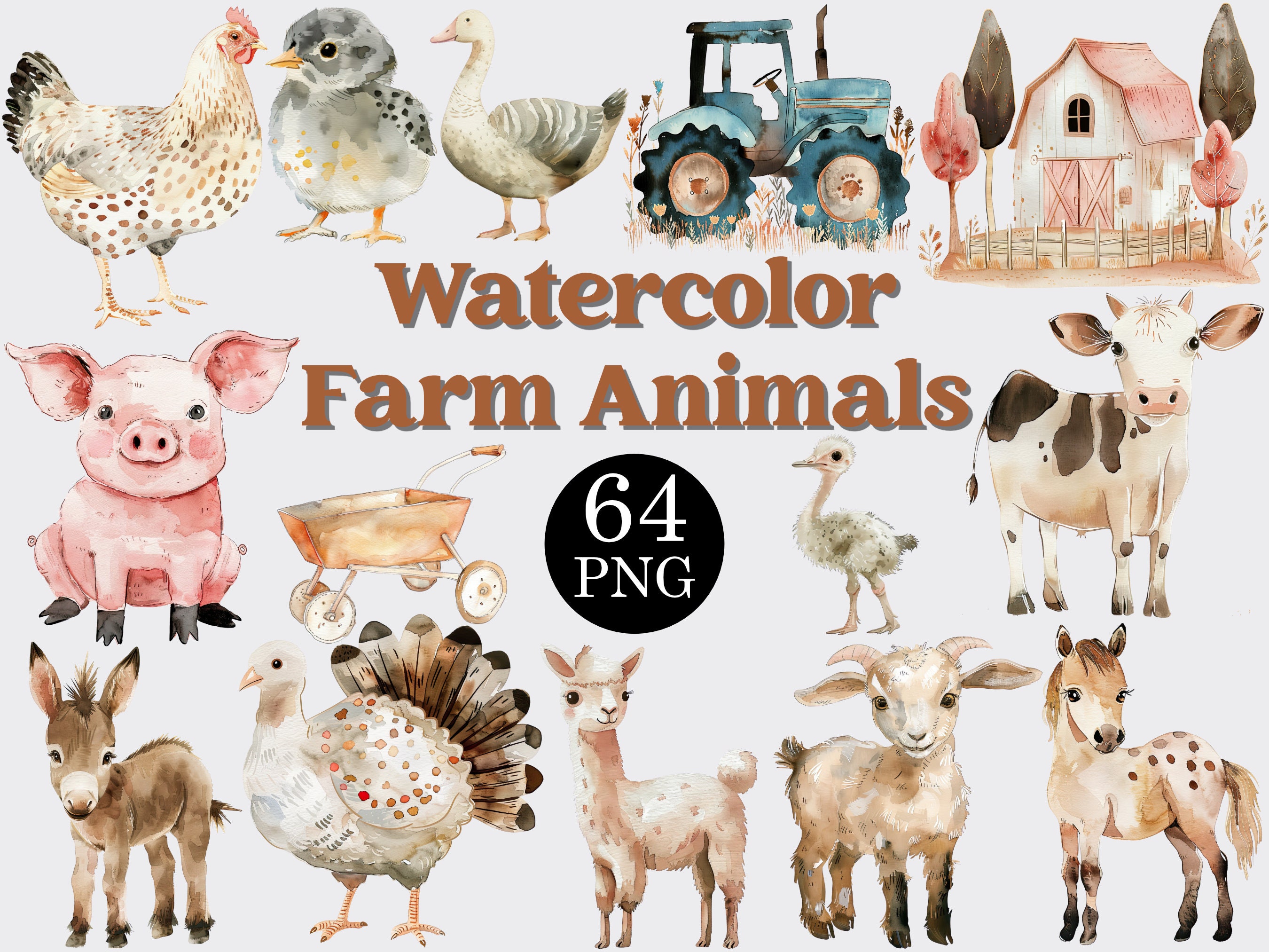 Watercolor Farm Animals Clipart Set of 64 PNG Files, Farm Clipart, Cute ...