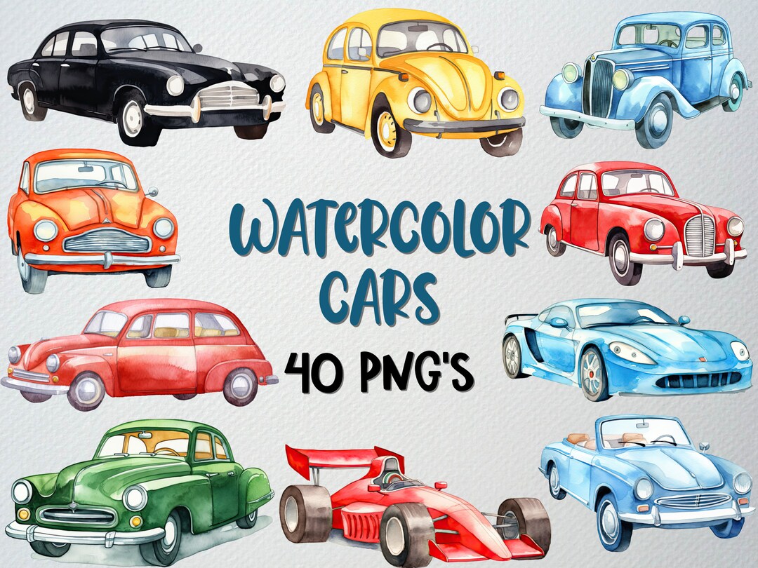 Watercolor Cars Clipart Set of 40 PNG Files, Transport Clipart, Classic ...