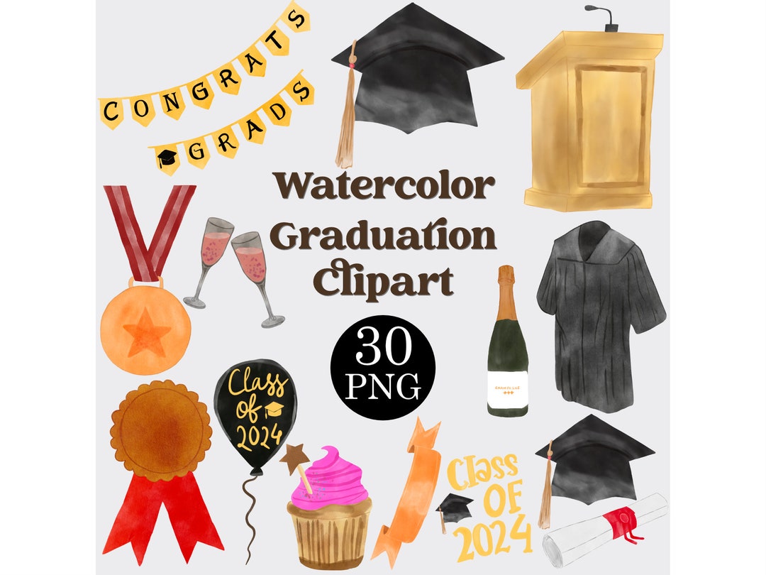 Watercolor Graduation Clipart Set of 30 PNG Files, Grad Party Png, Cap ...
