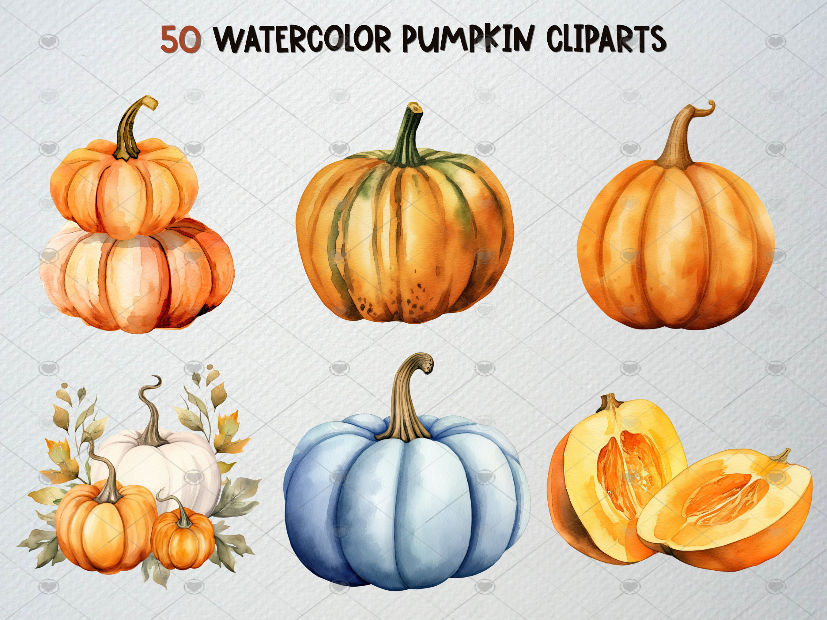 Watercolor Pumpkin Clipart Set of 50 PNG Files, Fall Clipart, Autumn ...