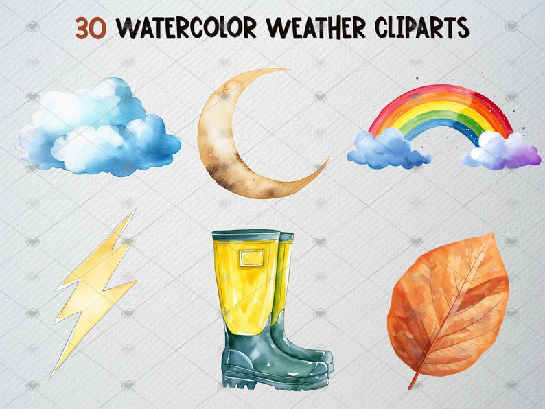 Watercolor Weather Clipart Set of 30 PNG Files, Rainbow Clipart, Cloud ...