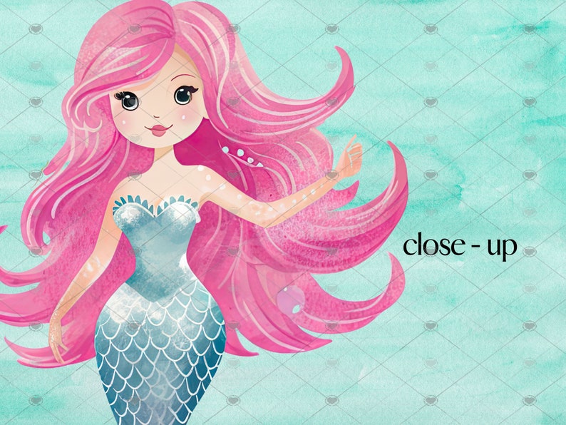 Watercolor Mermaid Clipart Set of 50 PNG Files, Little Mermaid Clipart ...