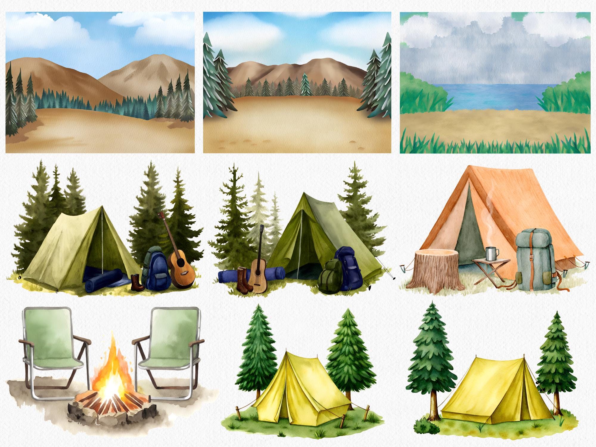 Watercolor Camping Clipart: Outdoor Adventure PNG Set (72 Files) - Etsy
