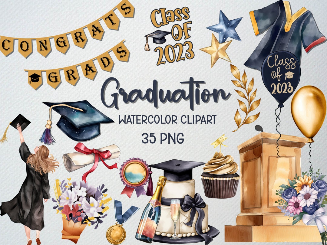Graduation Clipart, Watercolor Graduation Clip Art Set of 35 PNG Images ...