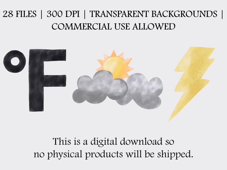 Watercolor Weather Clipart Set of 28 PNG Files, Rainbow Clipart, Cloud ...