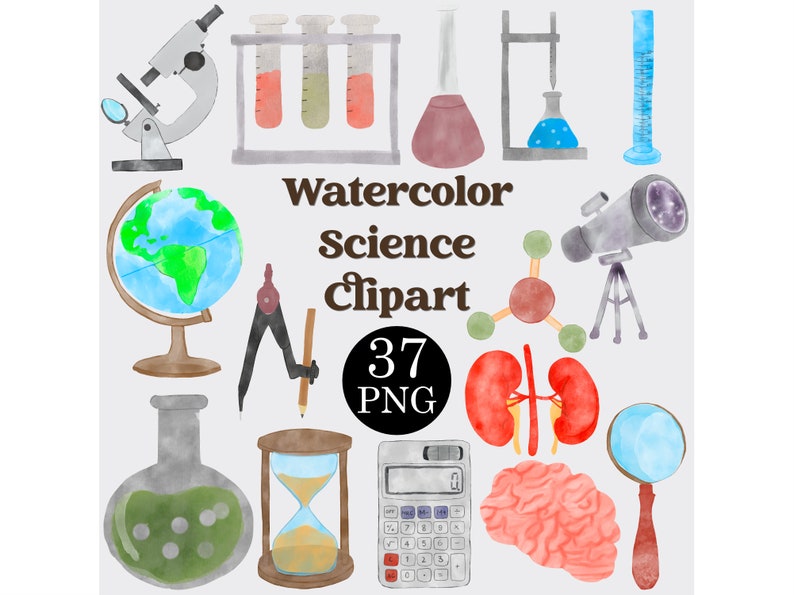 Watercolor Science Clipart Set of 37 PNG Files, Laboratory Clipart ...