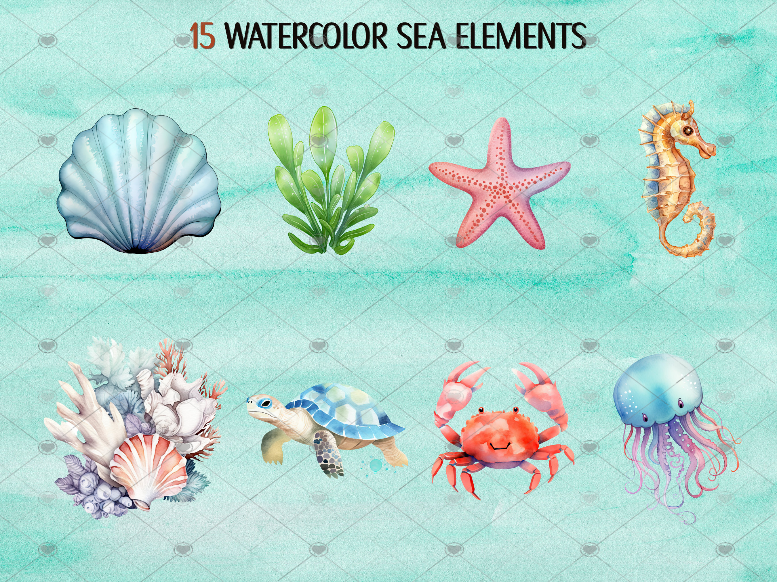Watercolor Mermaid Clipart Set of 50 PNG Files, Little Mermaid Clipart ...