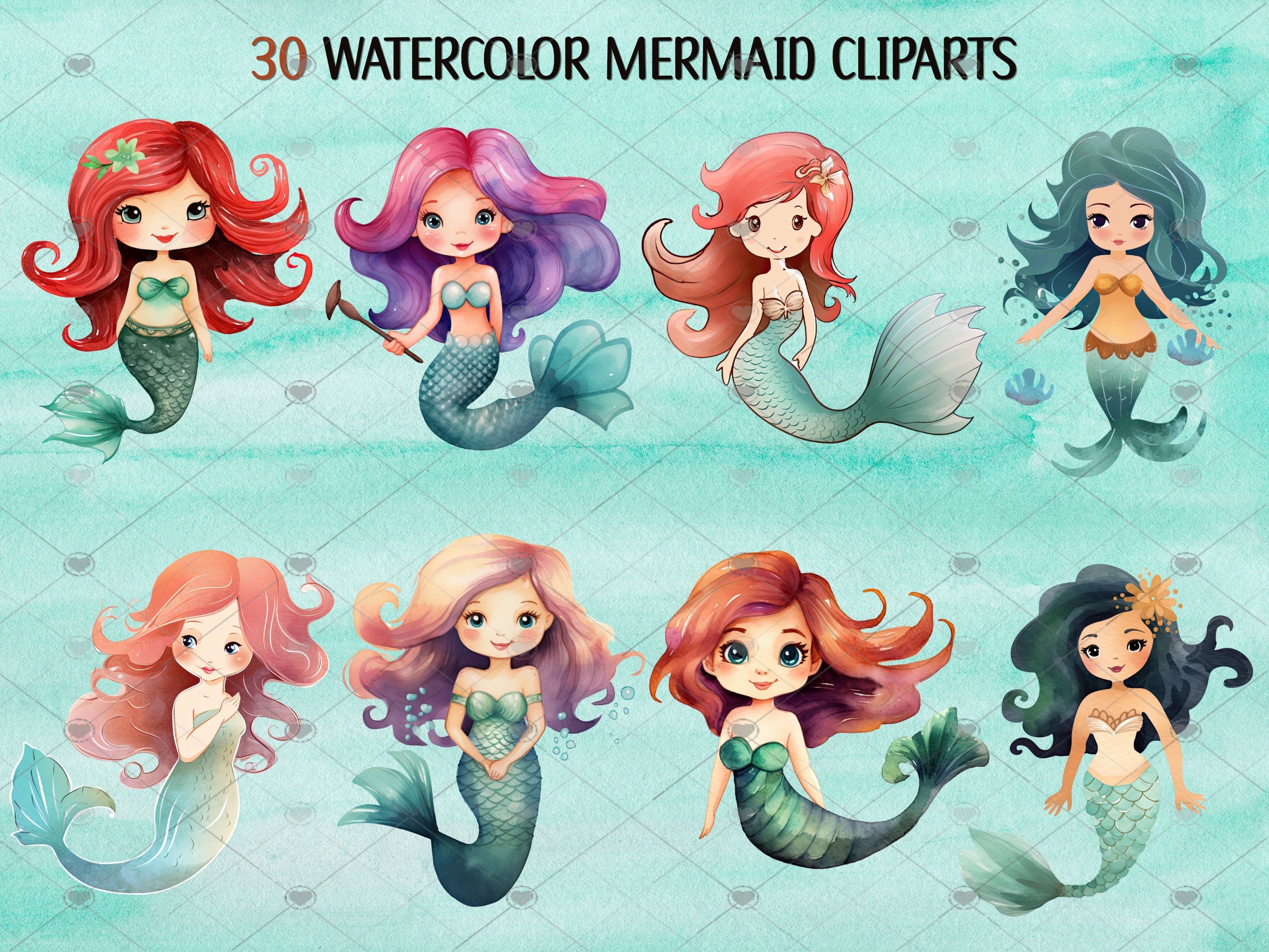 Watercolor Mermaid Clipart Set of 50 PNG Files, Little Mermaid Clipart ...