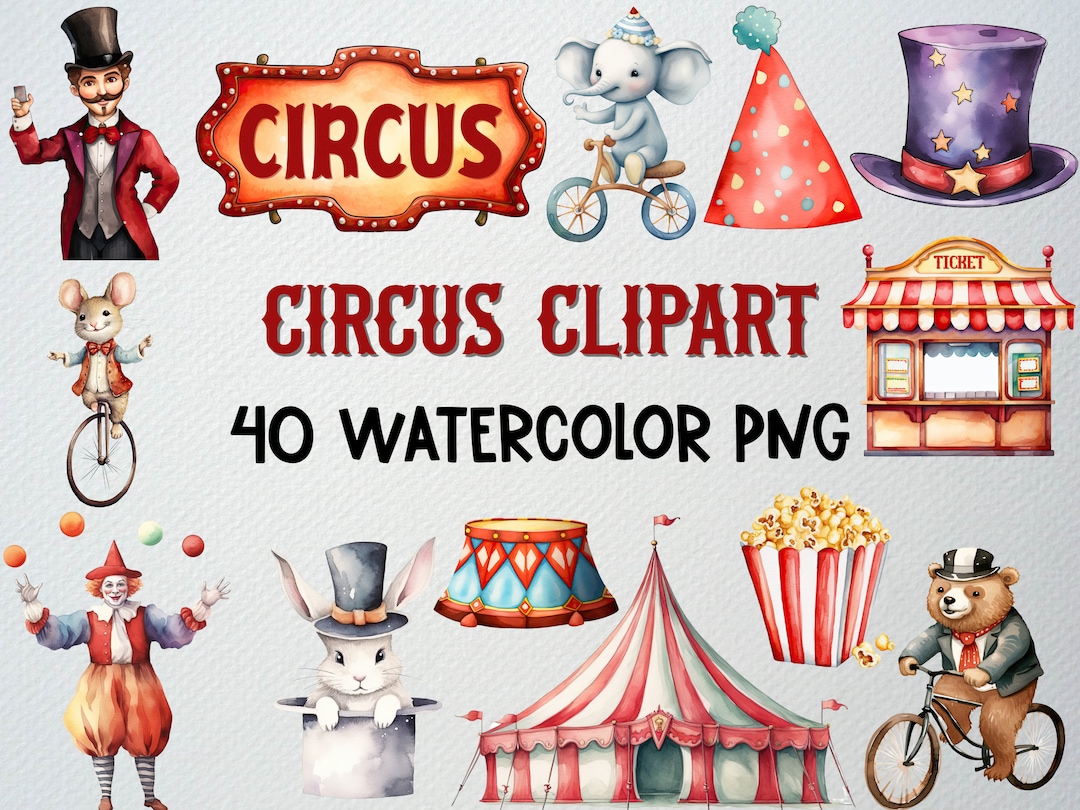 Watercolor Circus Clipart Set of 40 PNG Files, Carnival Clipart, Circus ...