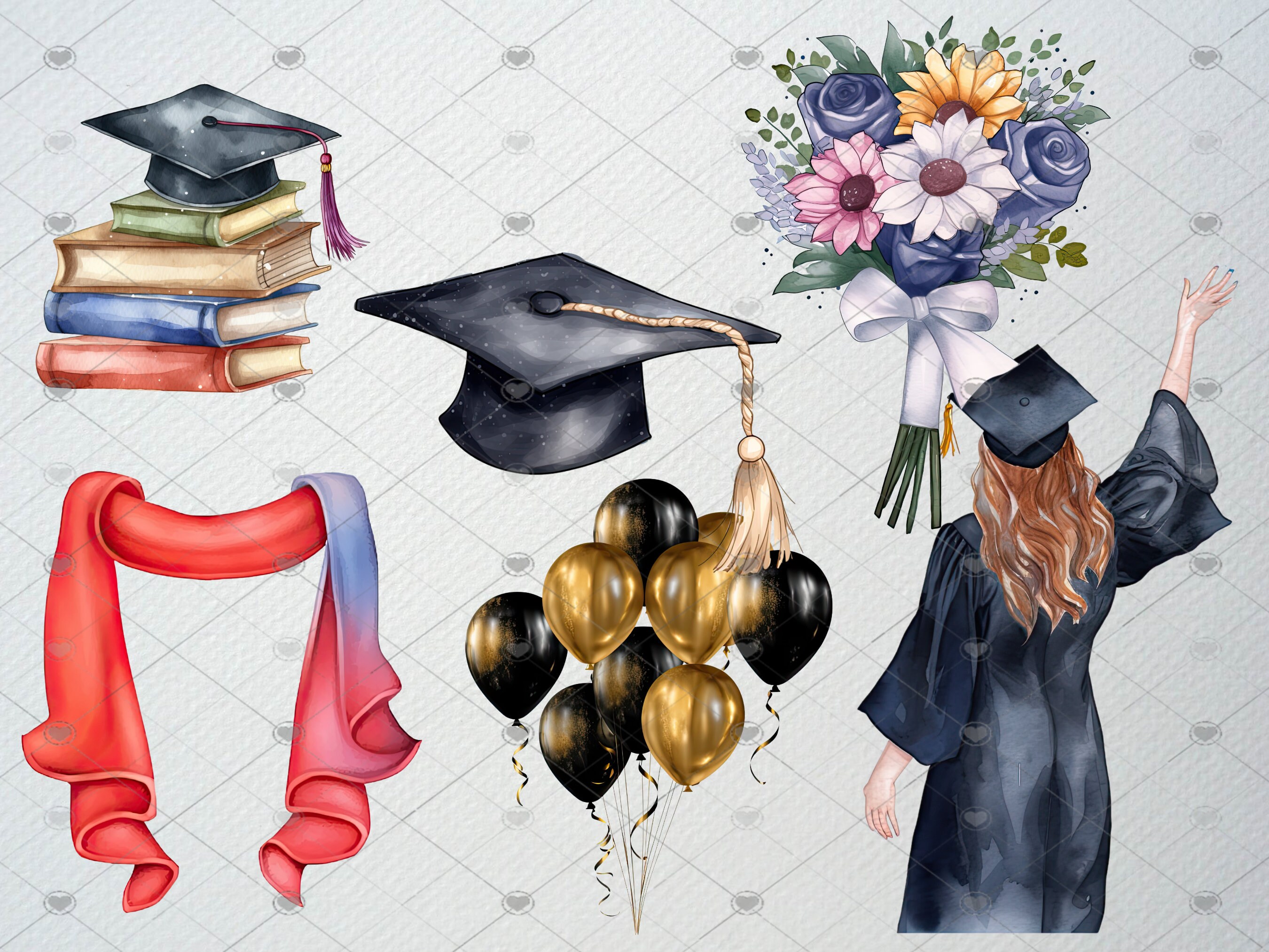 Graduation Clipart, Watercolor Graduation Clip Art Set of 35 PNG Images ...