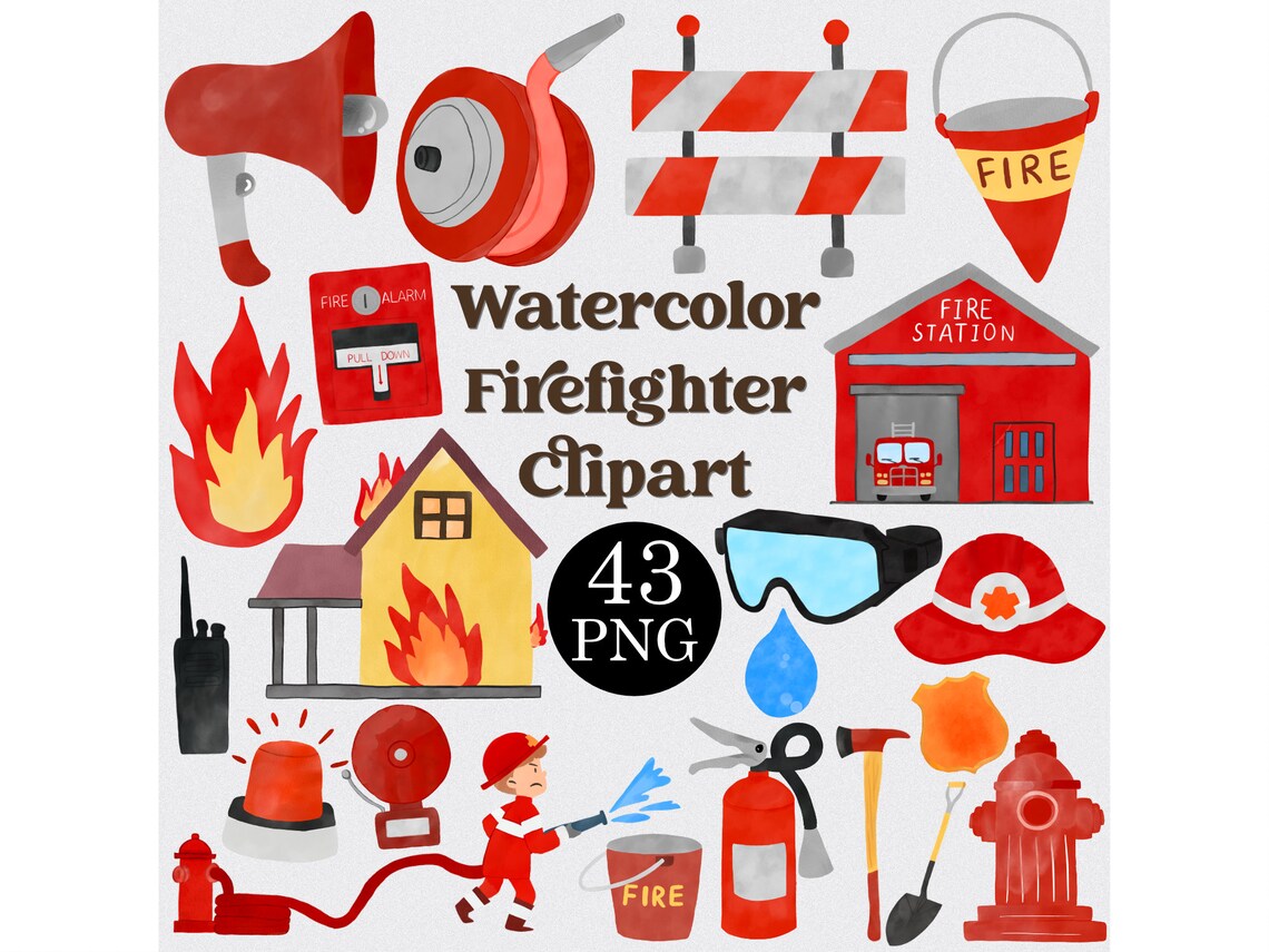 Watercolor Firefighter Clipart Set, Fire Fighter Clipart, Fireman ...