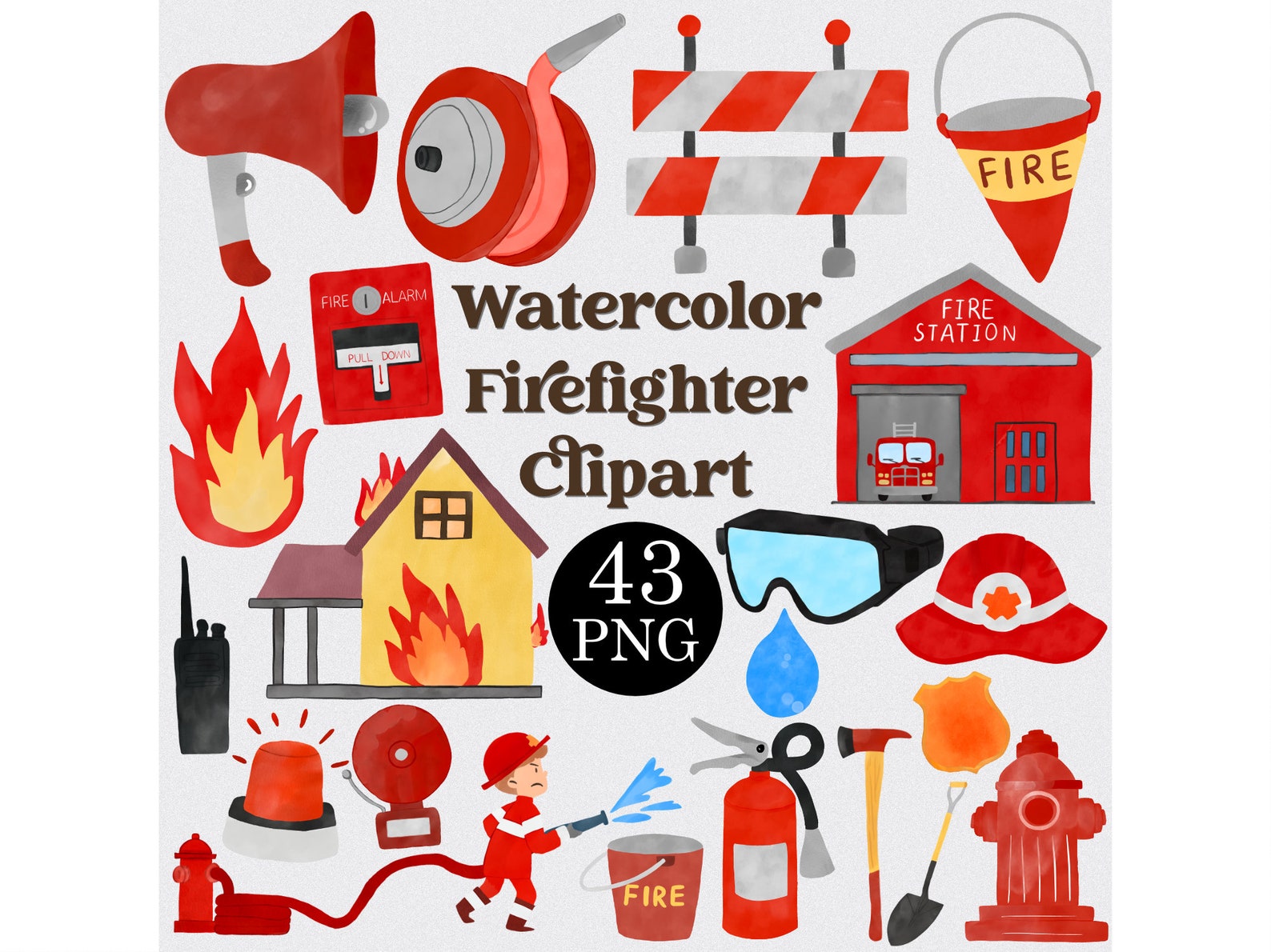 Watercolor Firefighter Clipart Set: 43 PNG Fire Station Graphics ...