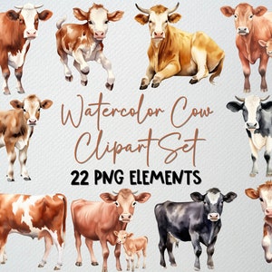 Watercolor Cow Clipart Set of 22 PNG Files, Cow Illustration, Baby Cow ...