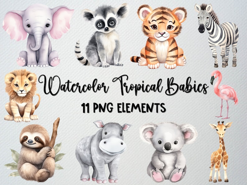 Watercolor Tropical Babies Clipart Set of 11 PNG Files, Baby Animals ...