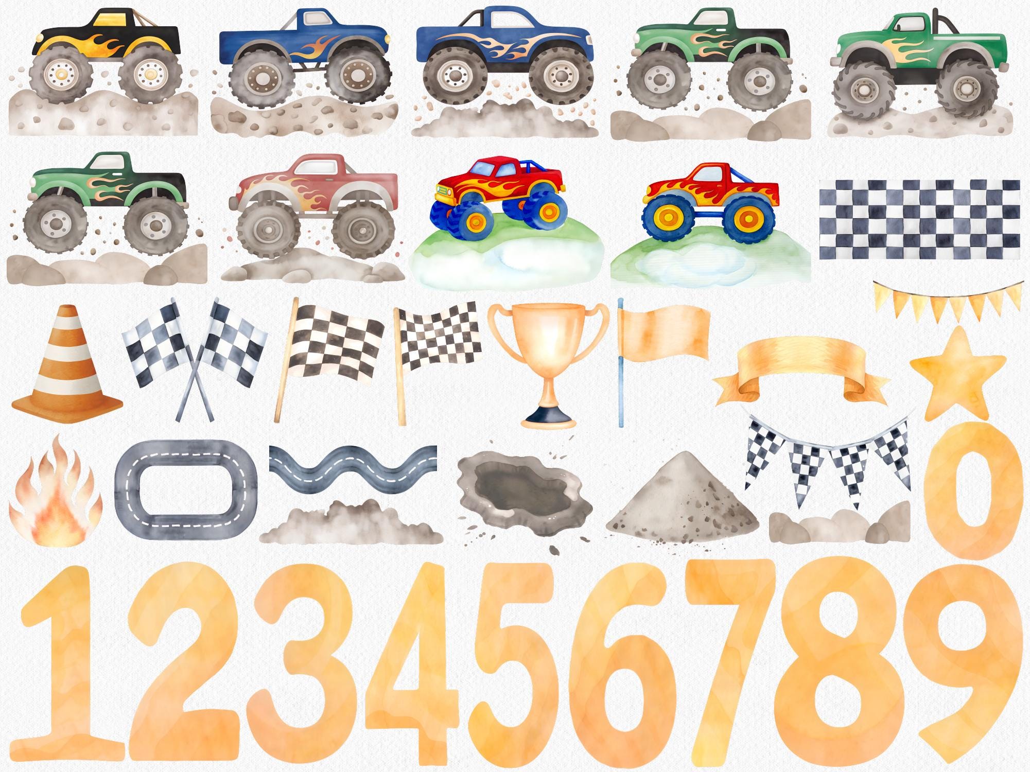 Watercolor Monster Truck Clipart Set: Party & Scrapbooking Graphics ...