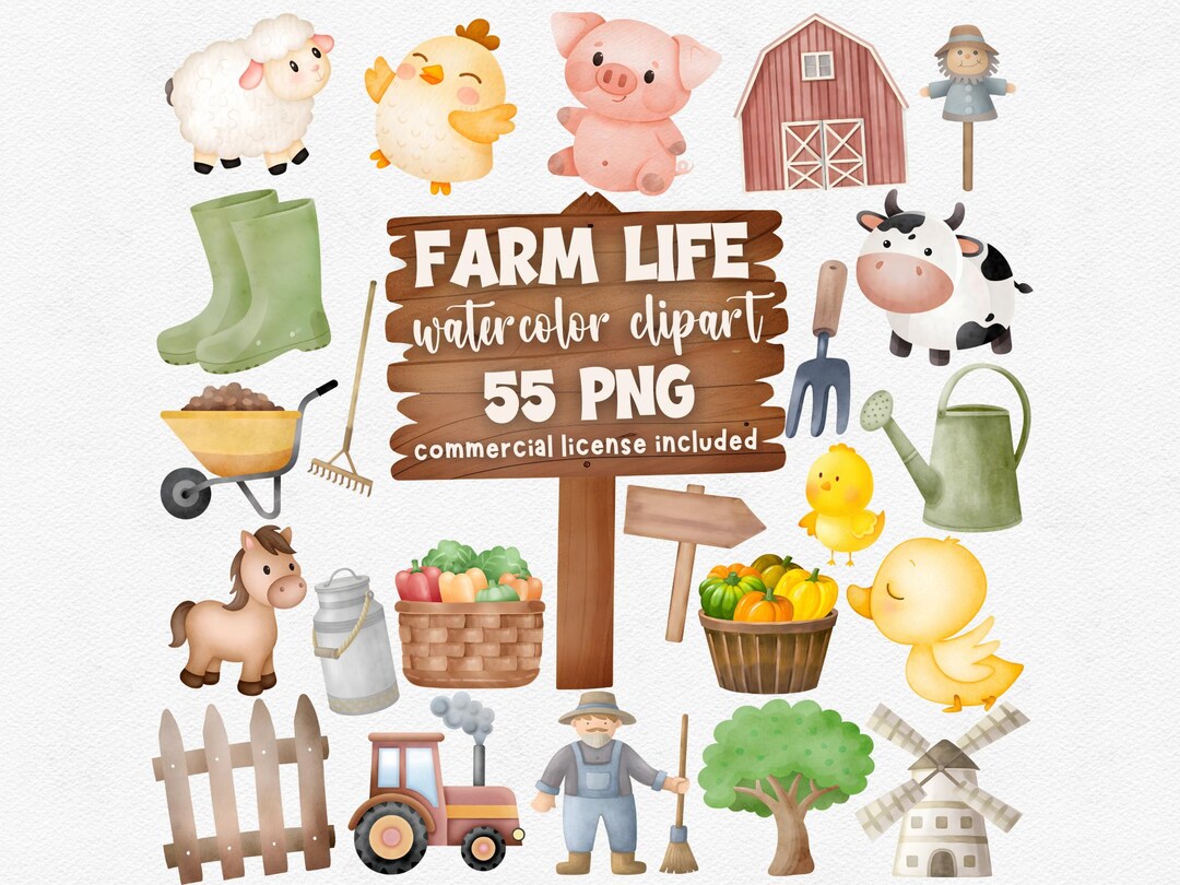 Watercolor Farm Life Clipart Set, Cute Farm Animal Clipart, Kids Farm ...