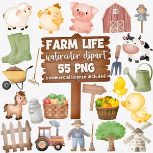 Watercolor Farm Life Clipart Set, Cute Farm Animal Clipart, Kids Farm ...