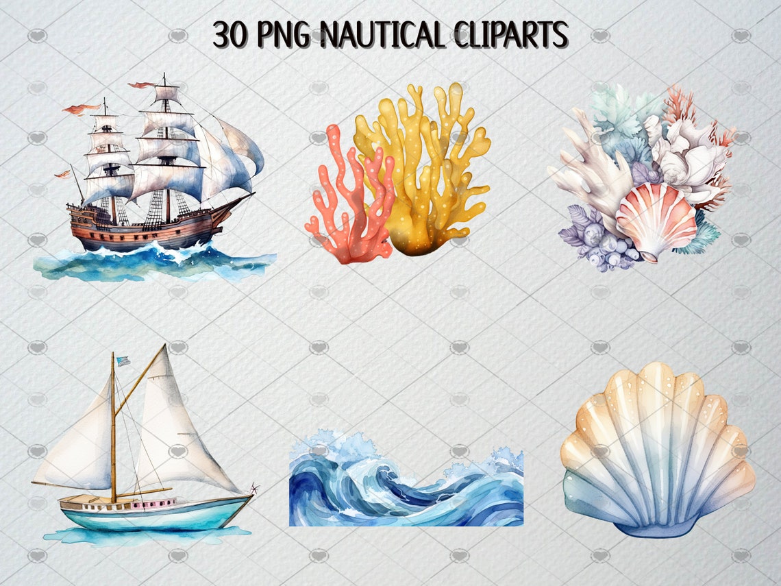 Watercolor Nautical Clipart Set, 30 PNG, Marine Clipart, Ocean Sea ...