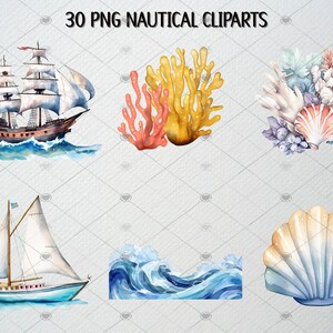 Watercolor Nautical Clipart Set, 30 PNG, Marine Clipart, Ocean Sea ...