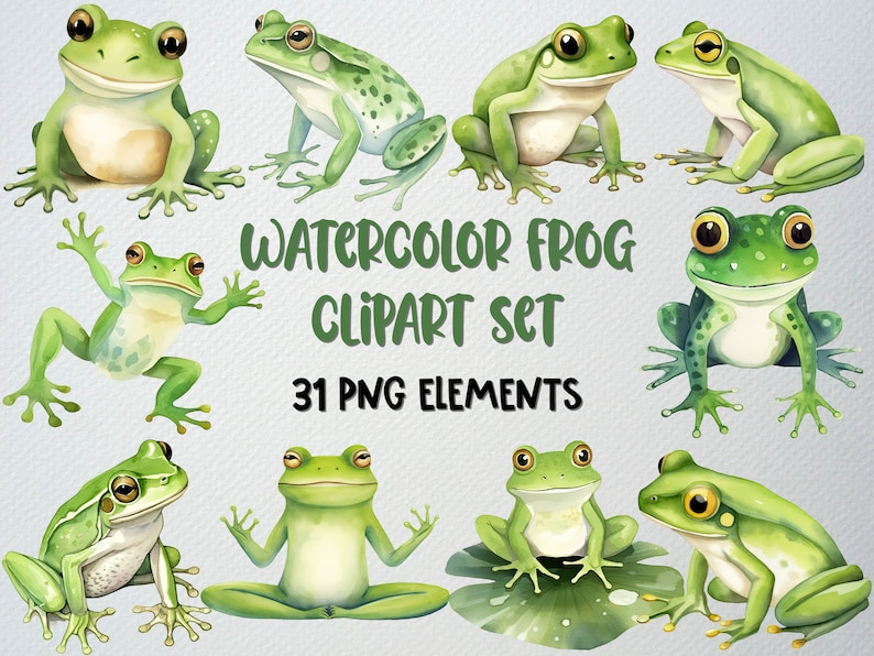 Watercolor Frog Clipart Set of 31 PNG Files, Cute Frog Clipart, Toad ...