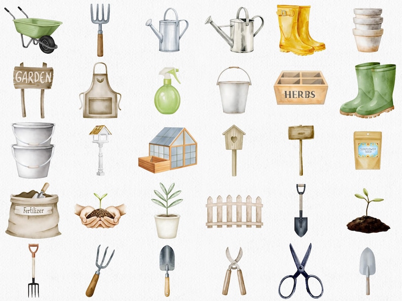 Watercolor Garden Clipart Set: Flowers, Herbs, Tools (65 PNG Files ...