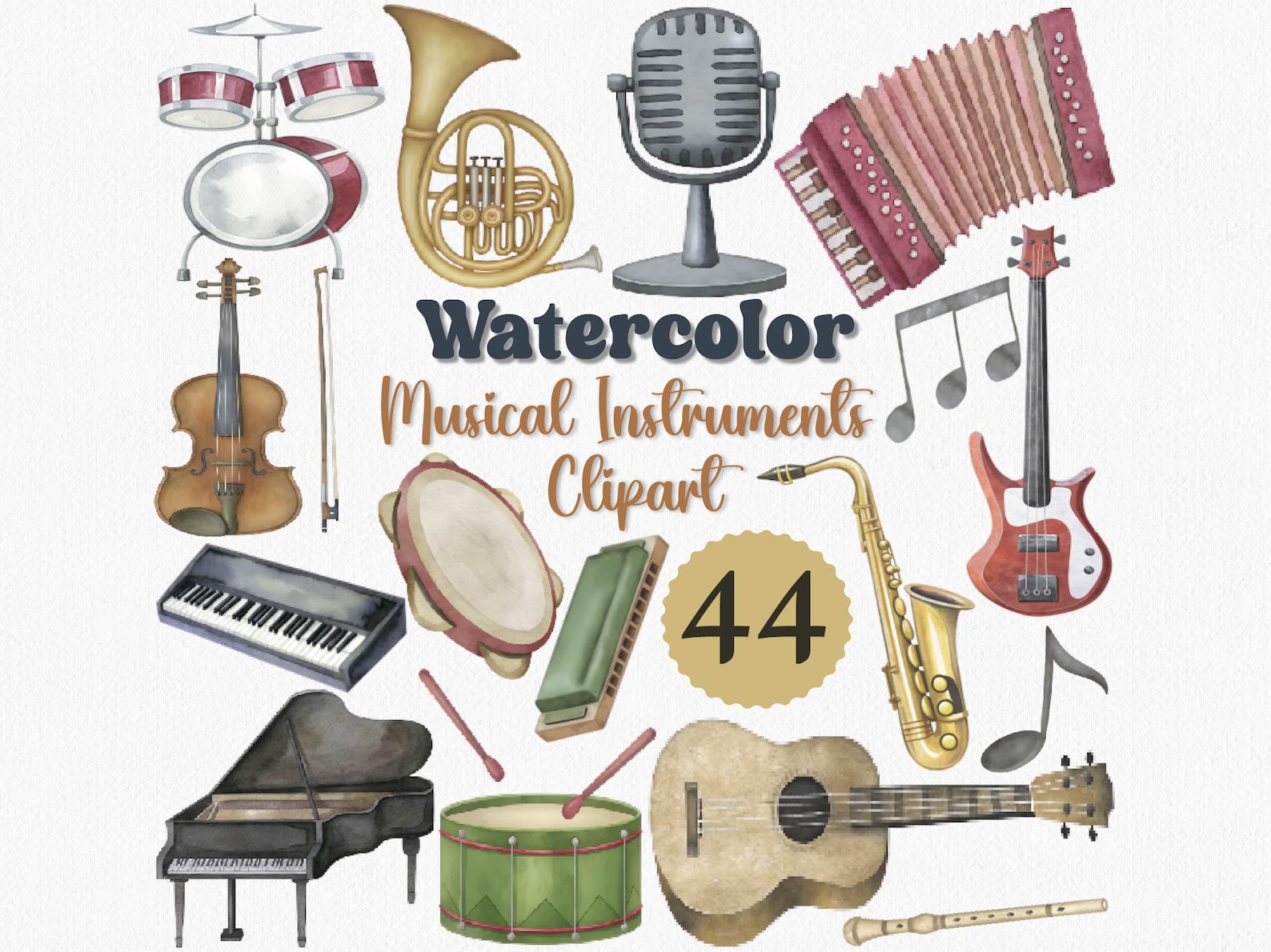 Watercolor Musical Instrument Clipart Set: 44 PNG Graphics (digital ...