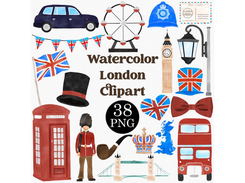 Watercolor London Clipart Set of 38 PNG, Landmark Clipart, British ...