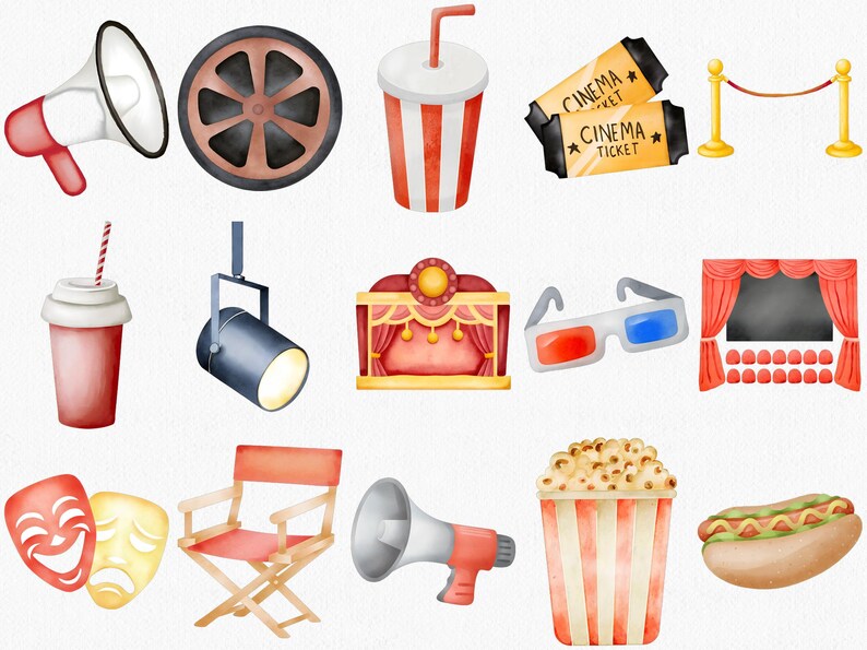 Watercolor Cinema Clipart Set: Movie Night PNG Graphics (digital ...