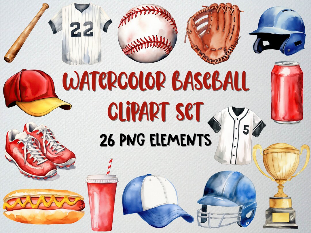 Watercolor Baseball Clipart Set of 26 PNG Files, Sports Clipart ...