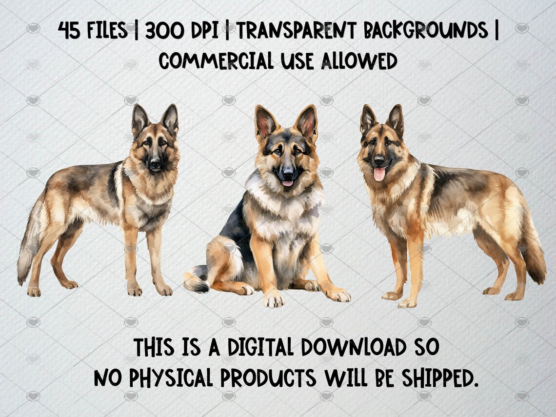 Watercolor German Shepherd Clipart Set of 45 PNG Files, Cute Dog ...