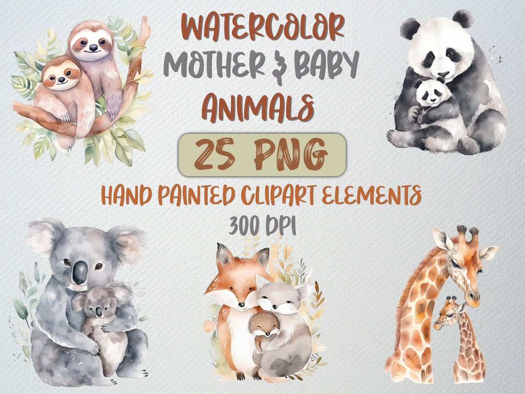 Watercolor Cute Mother and Baby Animals Clipart 25 Stunning - Etsy