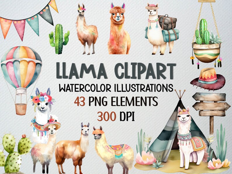 Llama Clipart, Hand Drawn Watercolor Llama Clipart Set of 43 PNG Files ...