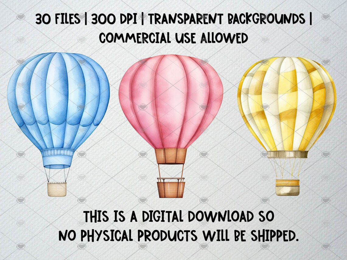 Watercolor Hot Air Balloon Clipart Set: 30 PNG Graphics (commercial ...