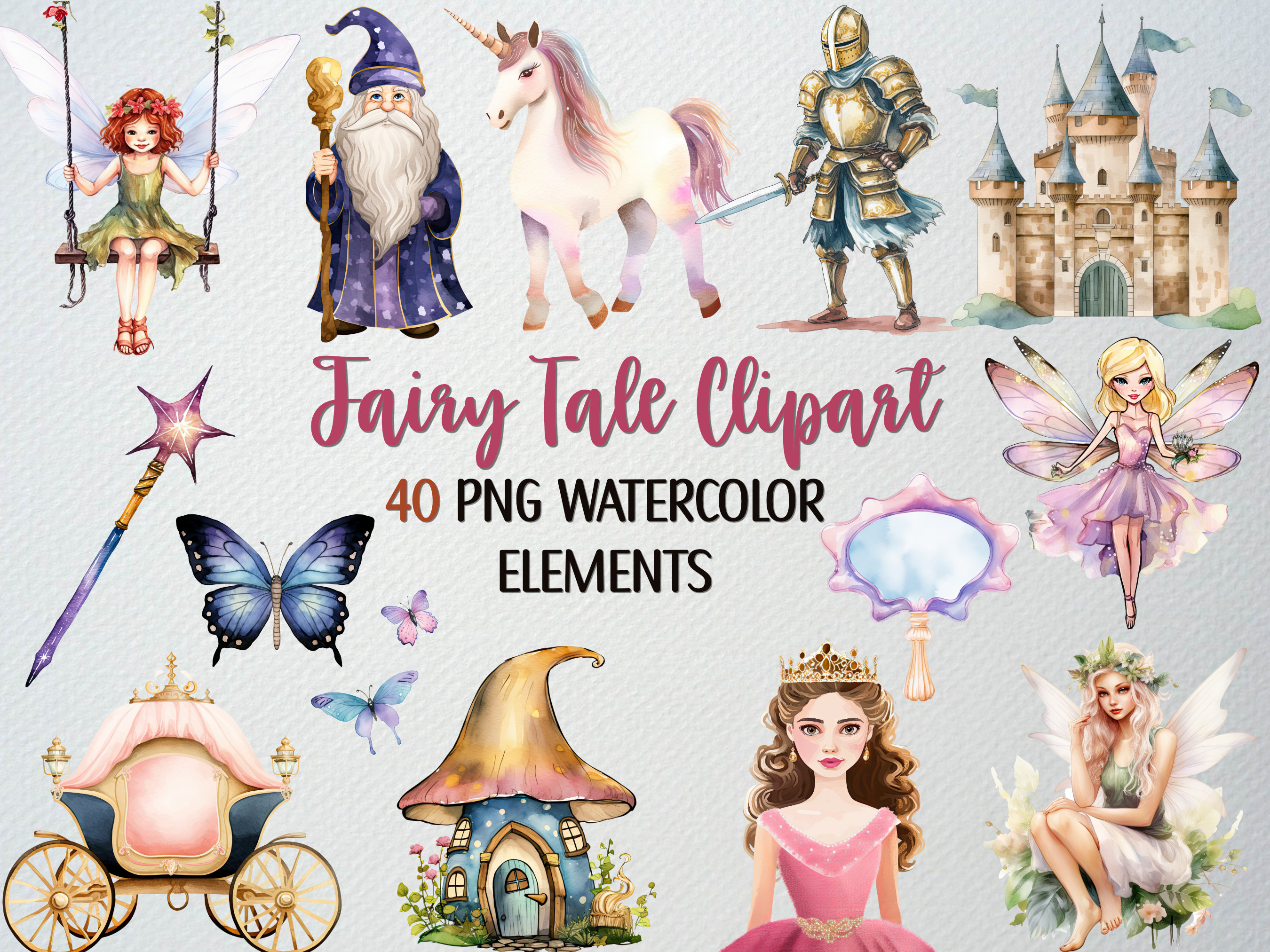 Watercolor Fairy Tale Clipart Set of 40 PNG Files, Fantasy Clipart ...