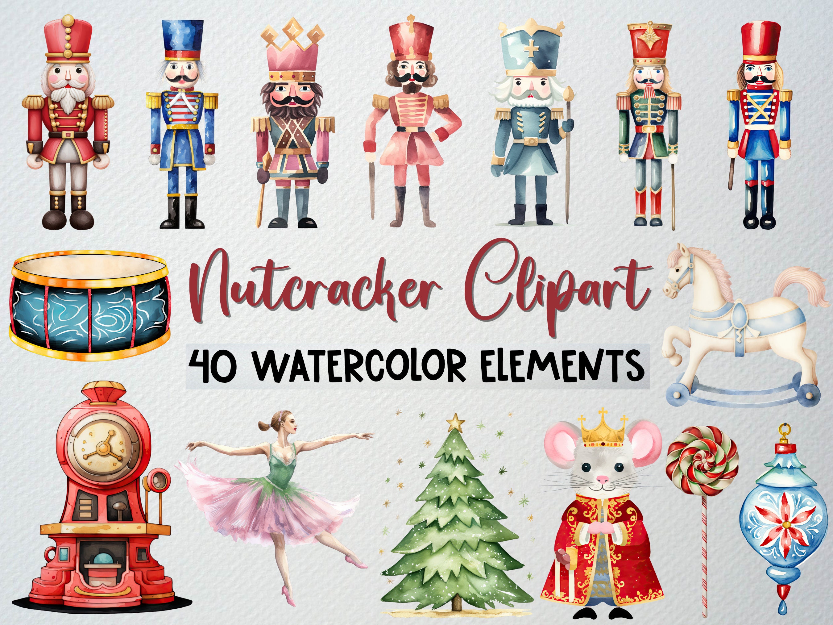 Watercolor Nutcracker Clipart Set of 40 PNG Files, Christmas Clipart ...