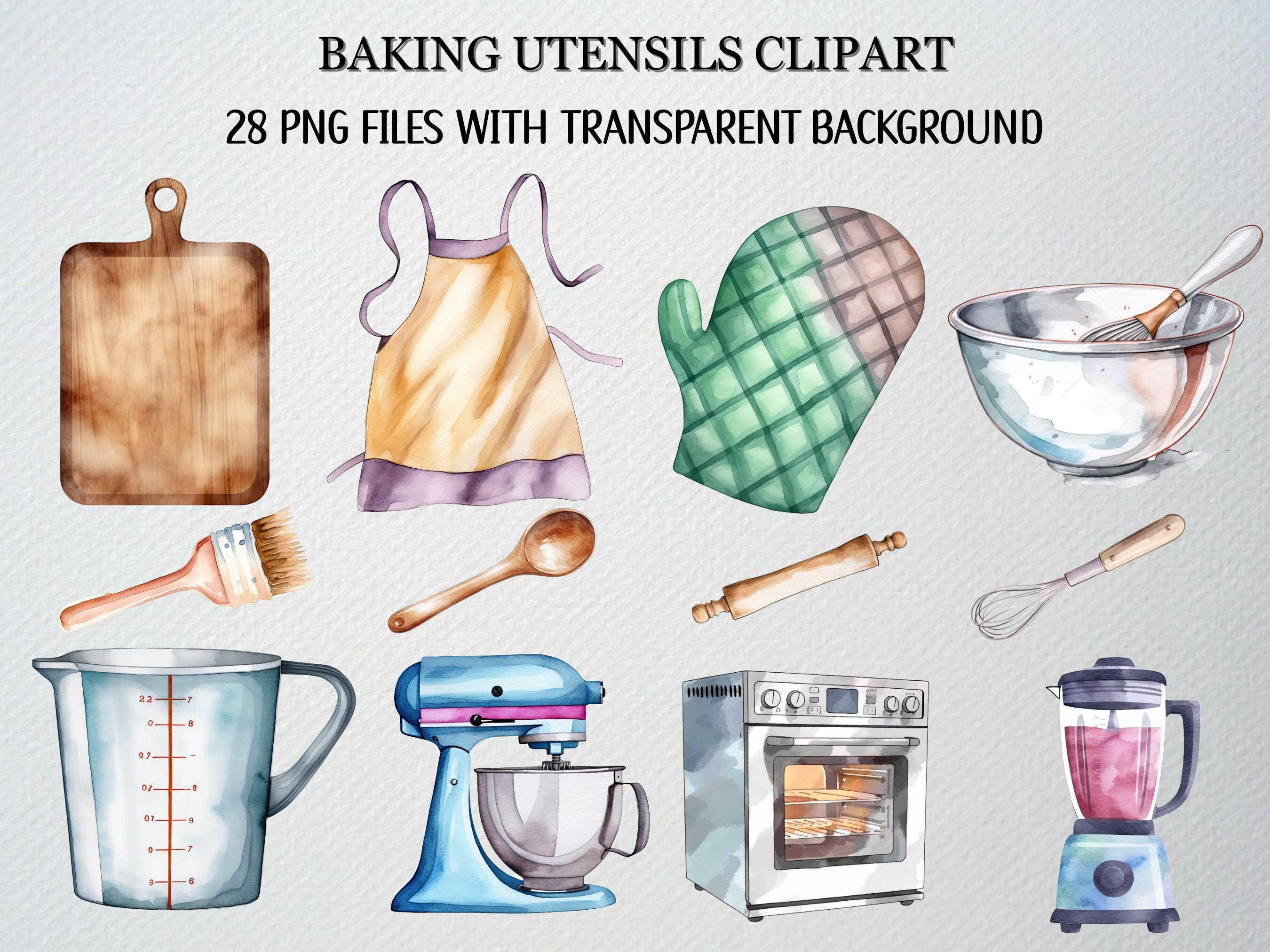 Watercolor Baking Clipart Set: Hand-drawn Kitchen Utensils (96 PNG) - Etsy