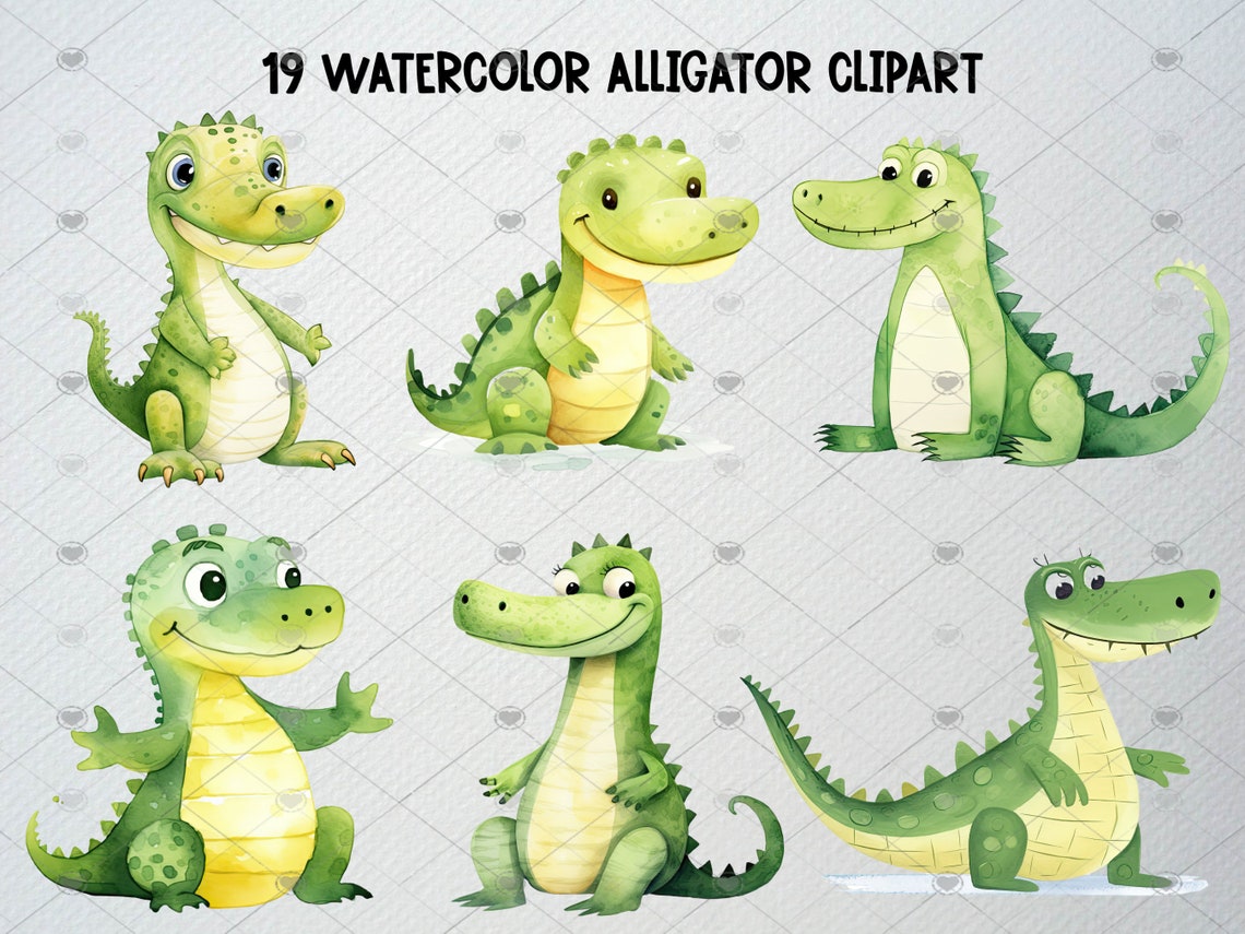 Watercolor Alligator Clipart Set of 19 PNG Files, Reptile Clipart ...