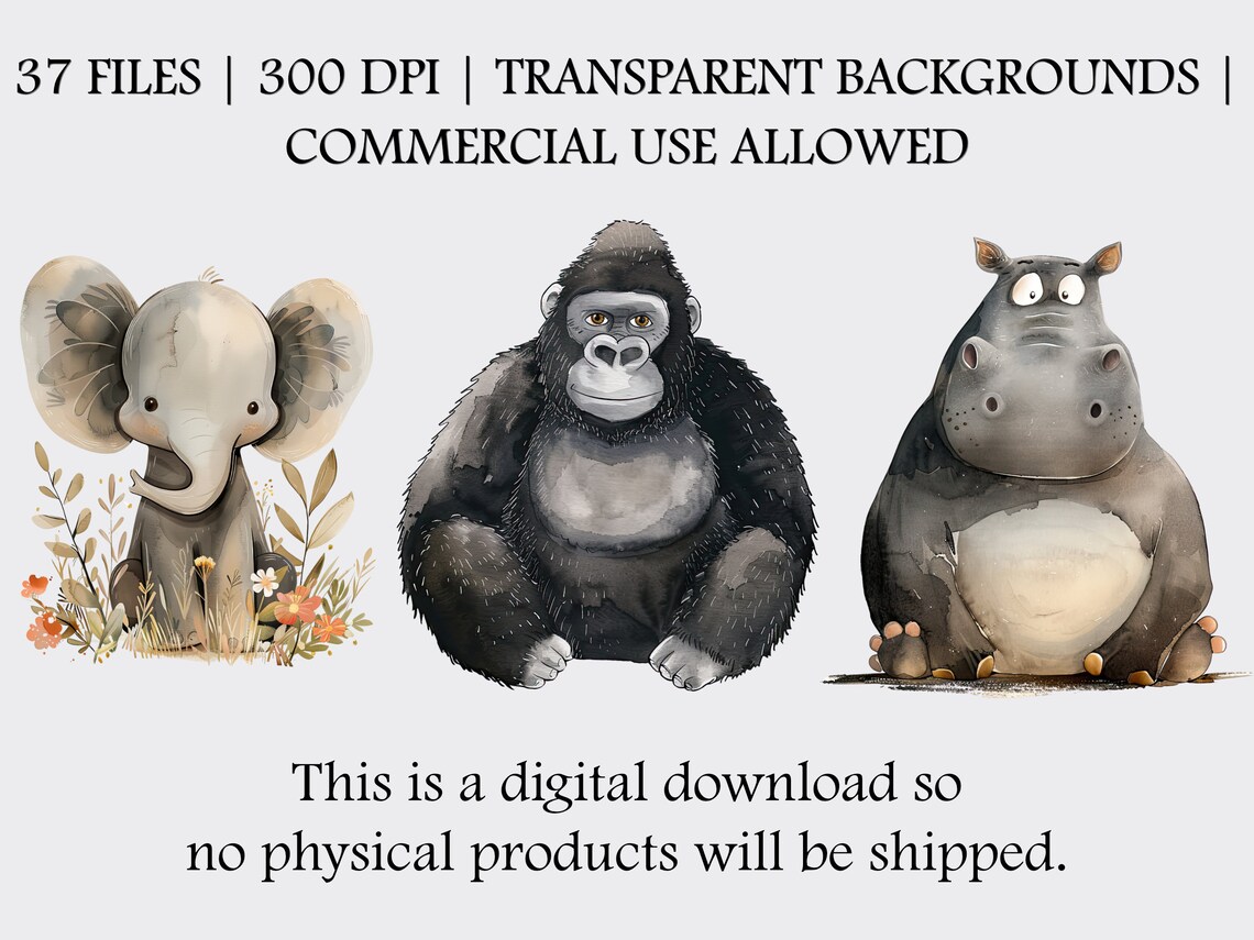 Watercolor Safari Animals Clipart Set of 37 PNG Files, Jungle Animals ...