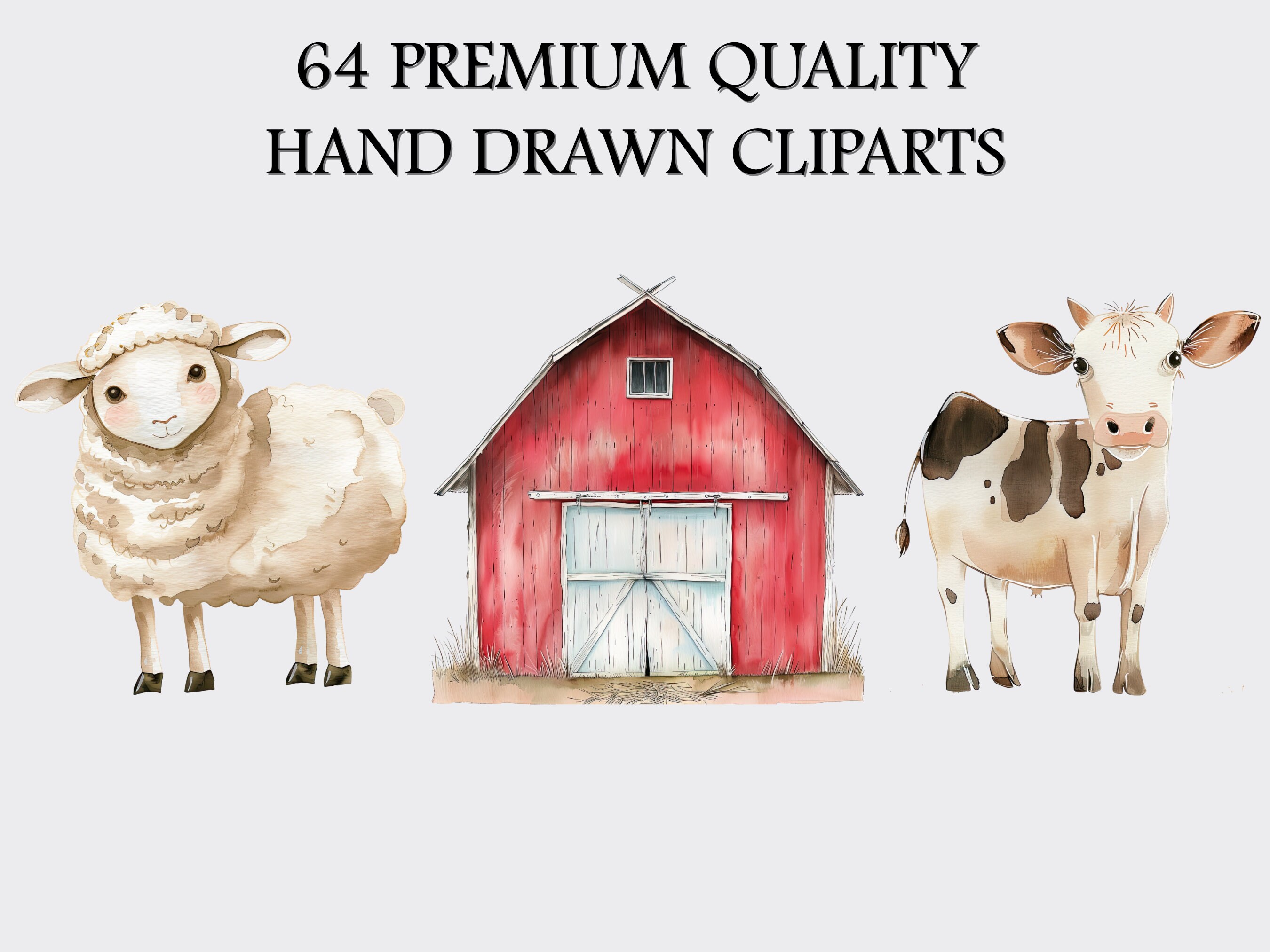 Watercolor Farm Animals Clipart Set of 64 PNG Files, Farm Clipart, Cute ...