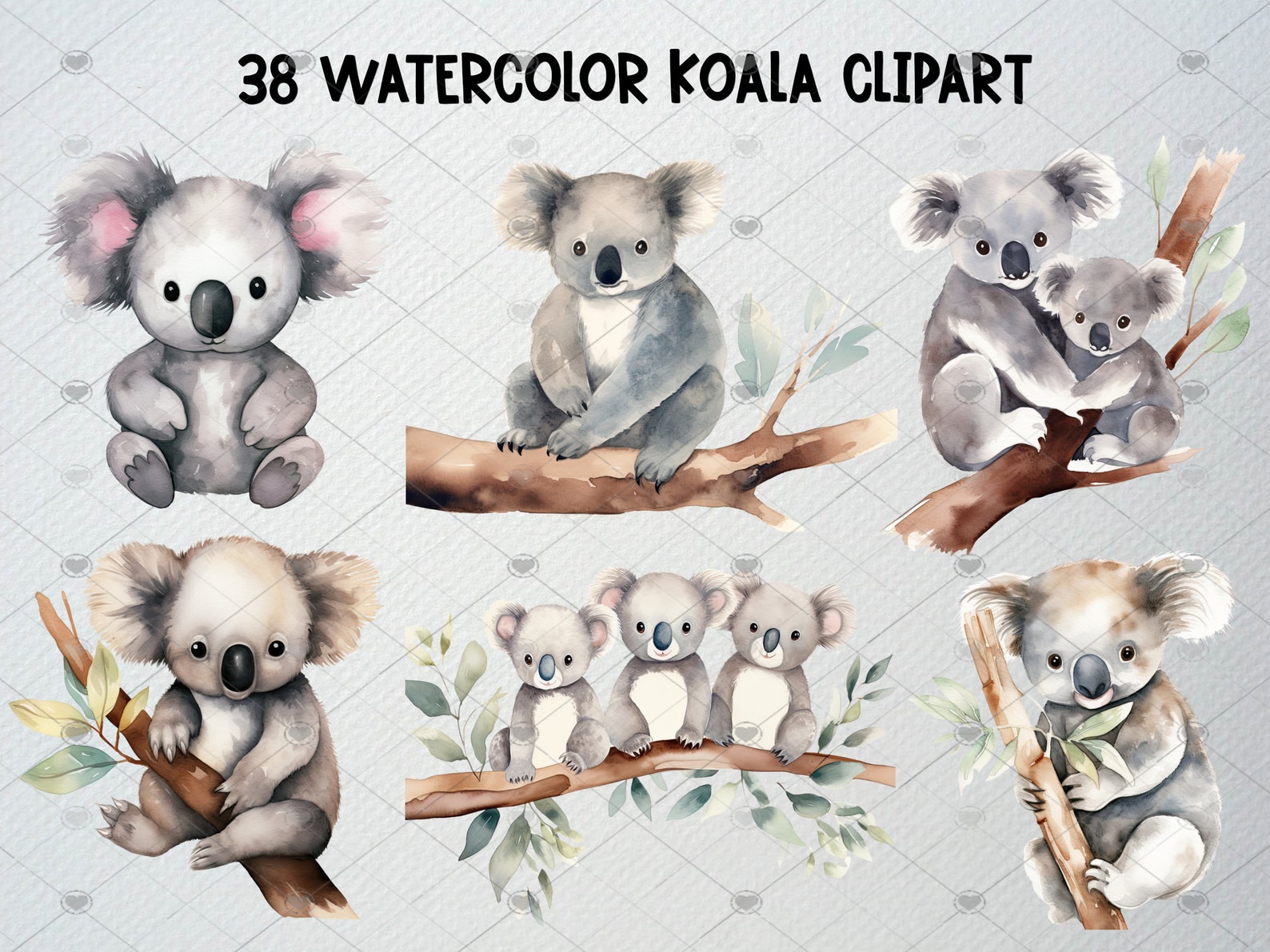 Watercolor Koala Clipart Set of 38 PNG Files, Cute Koala Clipart, Baby ...